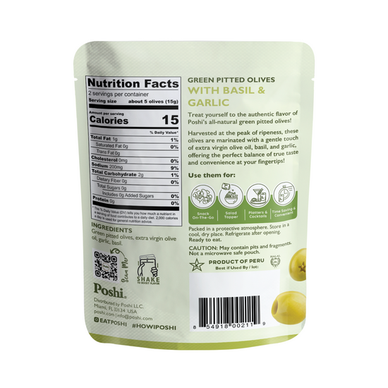 Pitted Green Olives With Basil & Garlic - 10 Snack Packs (1.1 OZ/Pouch ...